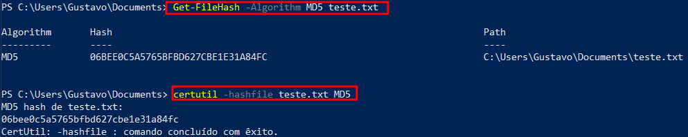 Verificar hash MD5 via terminal Windows